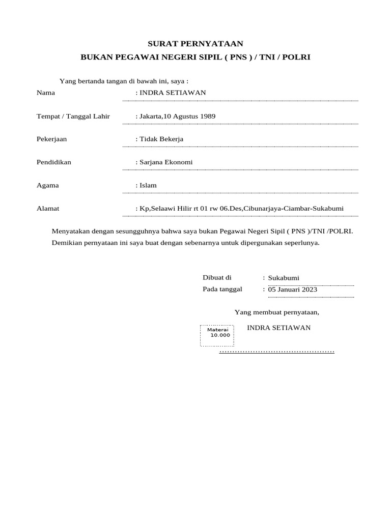 Surat Pernyataan Bukan PNS | PDF