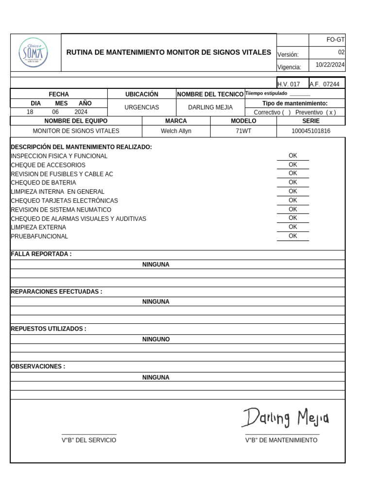 Fo-Gt-71 Rutina Mtto Monitor Signos Vitales | PDF