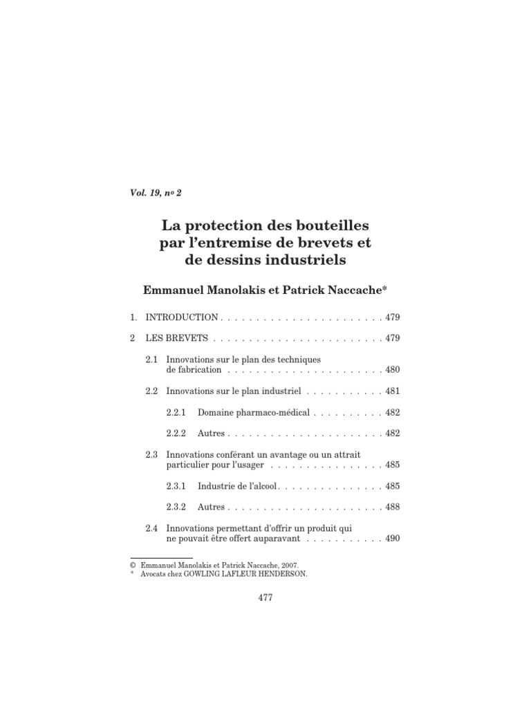 La Protection Des Bouteilles Par L'entremise de Brevets... | PDF