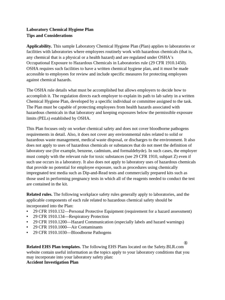 Laboratory Chemical Hygiene Plan | PDF