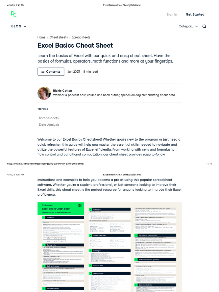 Excel Basics Cheat Sheet - DataCamp | PDF