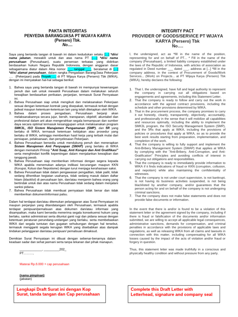 PAKTA INTEGRITAS WIKA - Bilingual | PDF