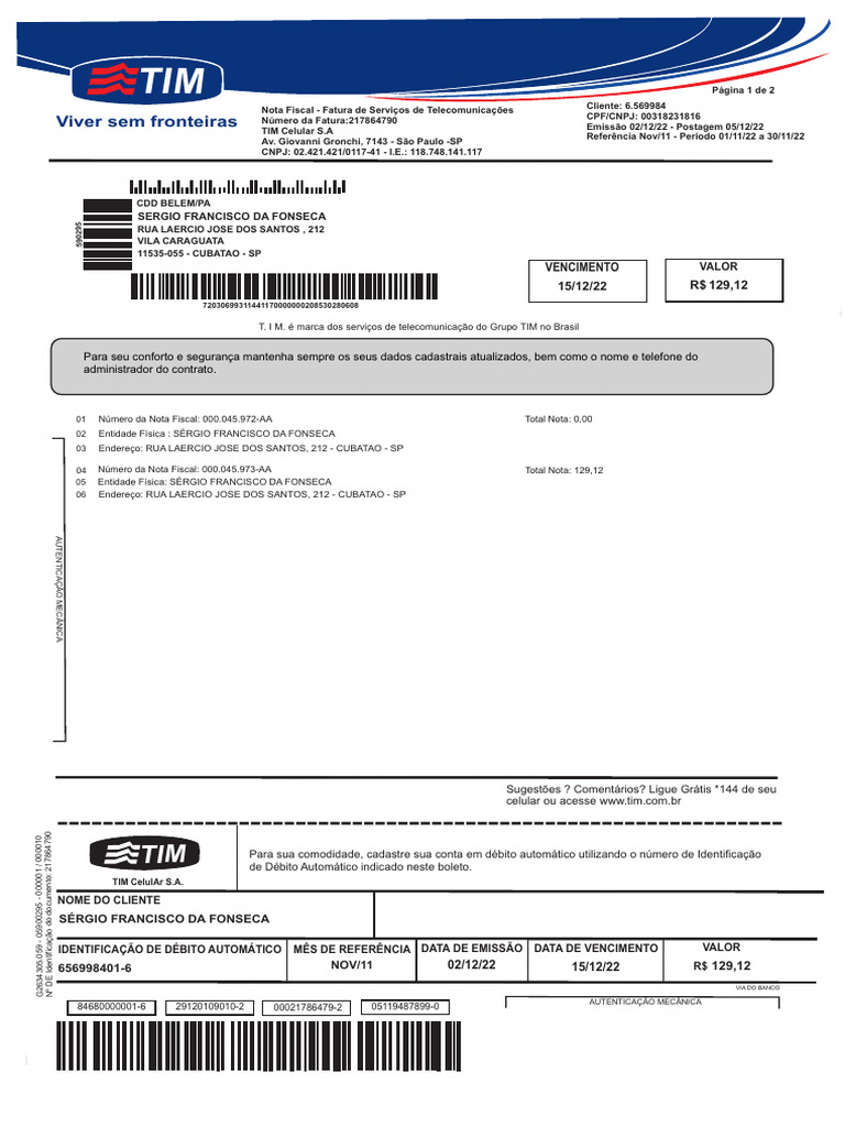 Fatura Tim Sergio | PDF