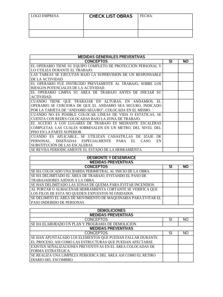 Lista de Chequeo Checklist Obras | PDF