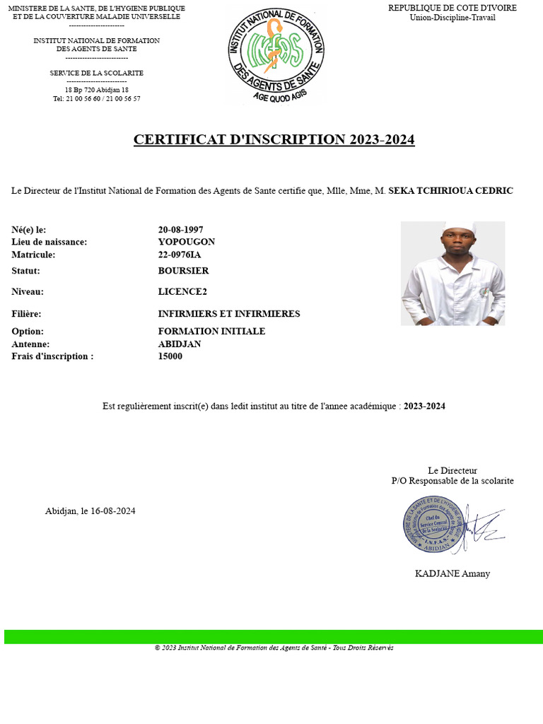 Certificat D'inscription 2023-2024 | PDF Certificat D'inscription 2023-2024 | PDF