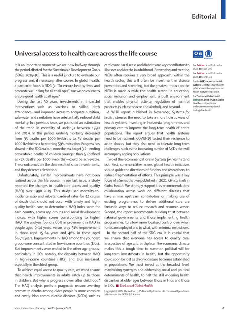 Universal Access To Health Care Across The Life Course | PDF