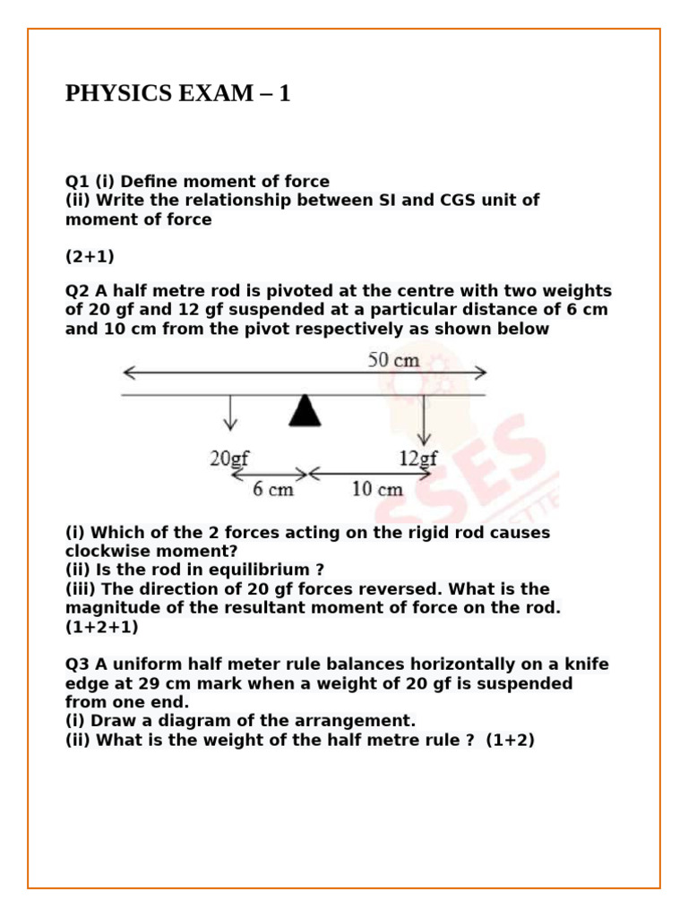 Physics Exam - 1 | PDF | Force | Torque