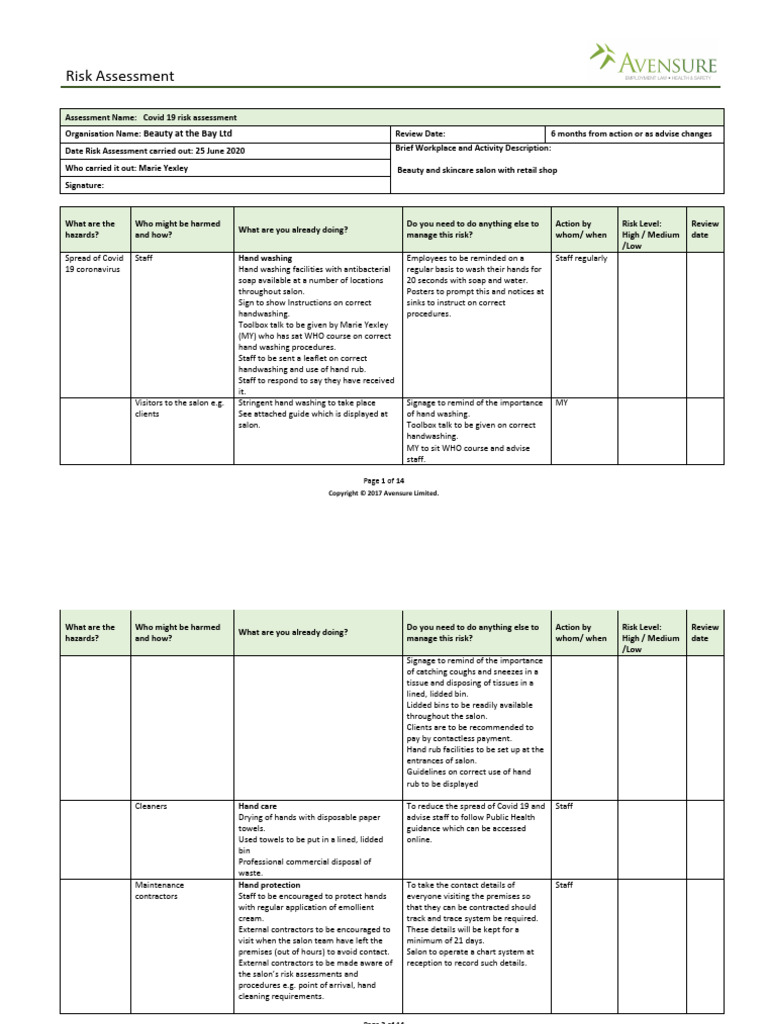 Avensure Risk Assessment 30.06.2020 | PDF