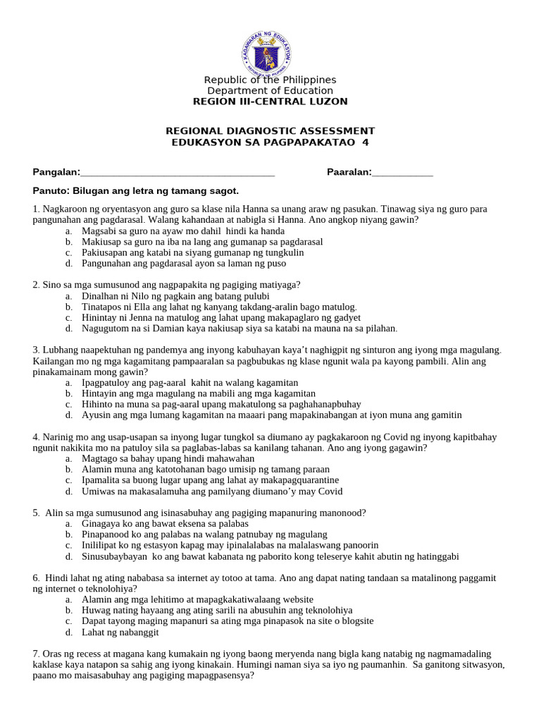 Diagnostic Assessment EsP Grade 4 | PDF