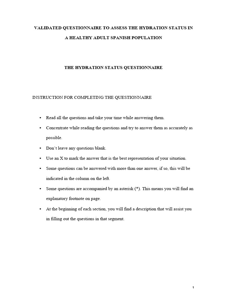 Validated Questionnaire To Assess The Hydration Status in A Healthy ...