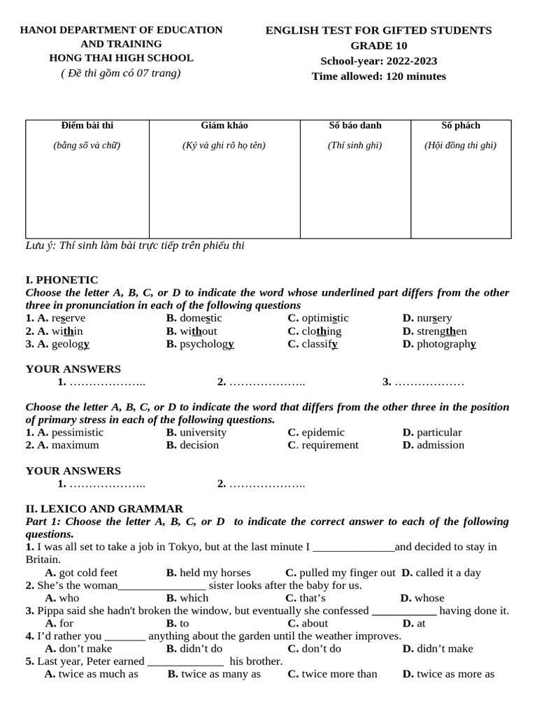 ĐỀ HSG 10 2022-2023 | PDF