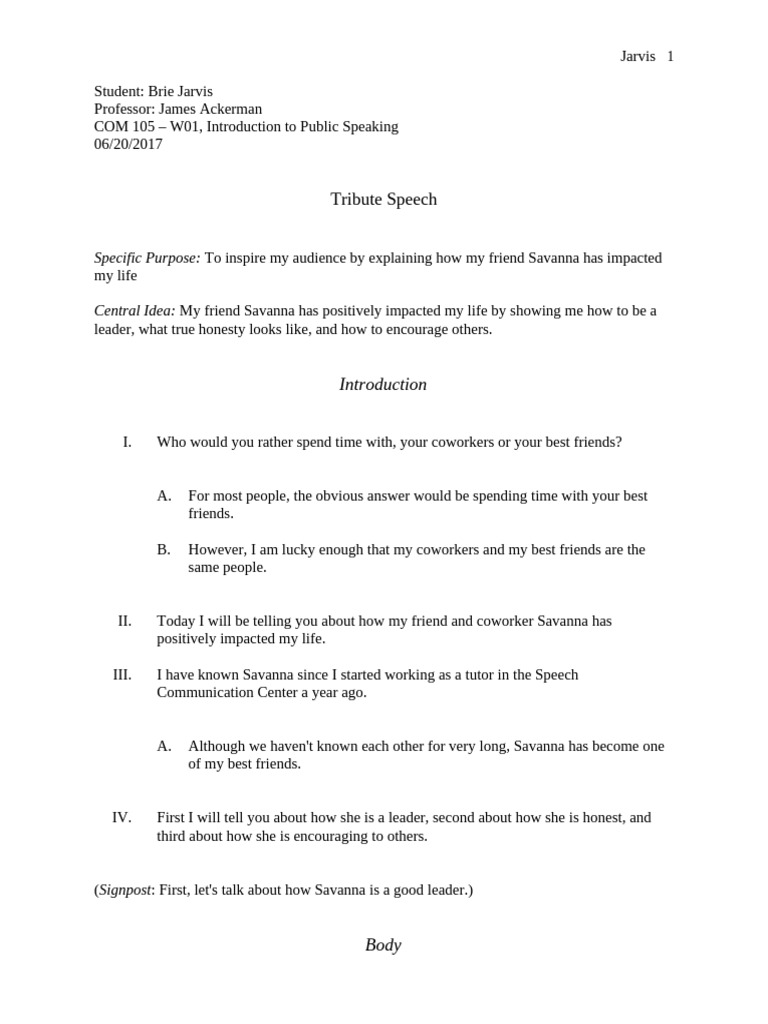 Tribute Speech Preparation Outline Example | PDF