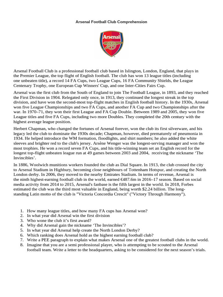 Arsenal Football Club Comprehension | PDF