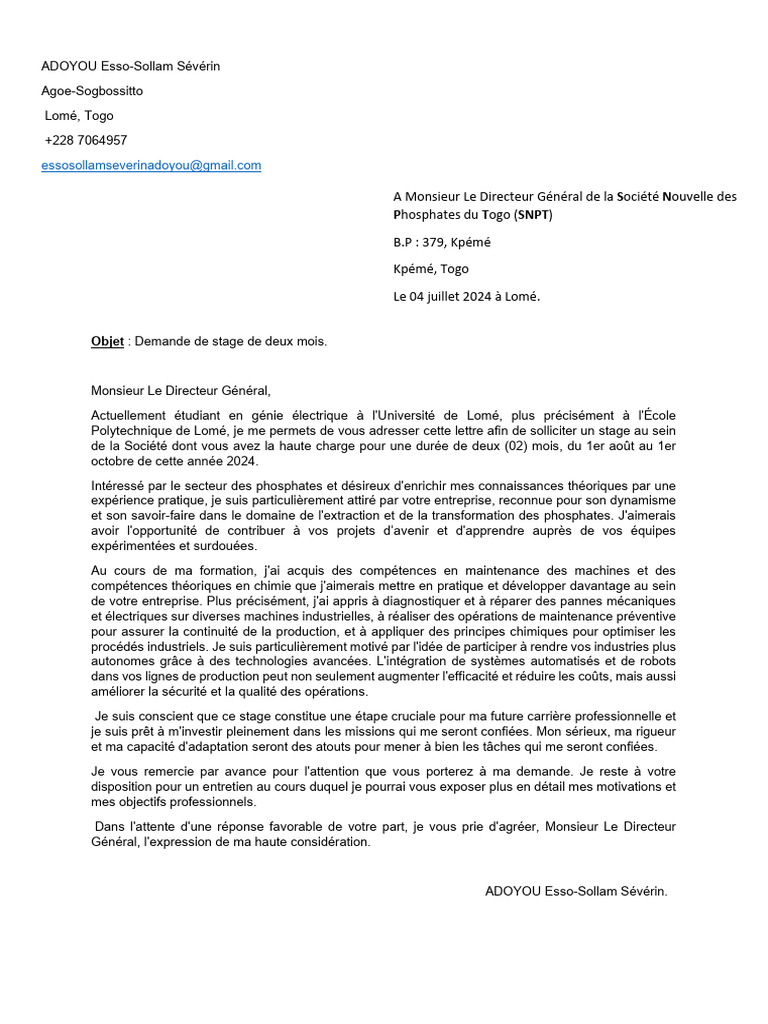 A Monsieur Le Directeur Général de La Société Nouvelle Des Phosphates ...