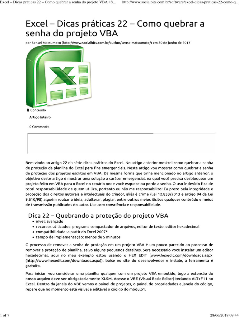 Excel - Como Quebrar A Senha Do Projeto VBA - SocialBits | PDF