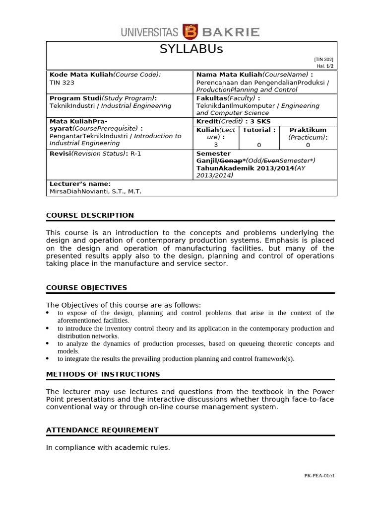 Syllabus TIN323 Production Planning and Control | PDF