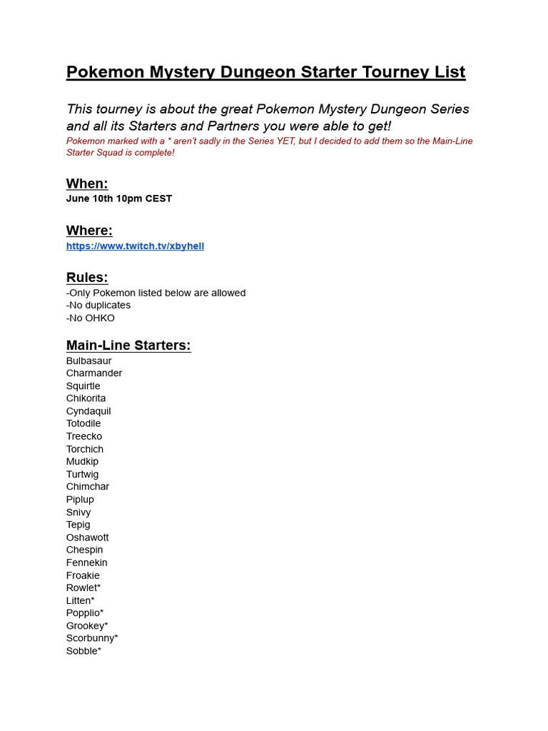 Mystery Dungeon Starter Tourney List | PDF