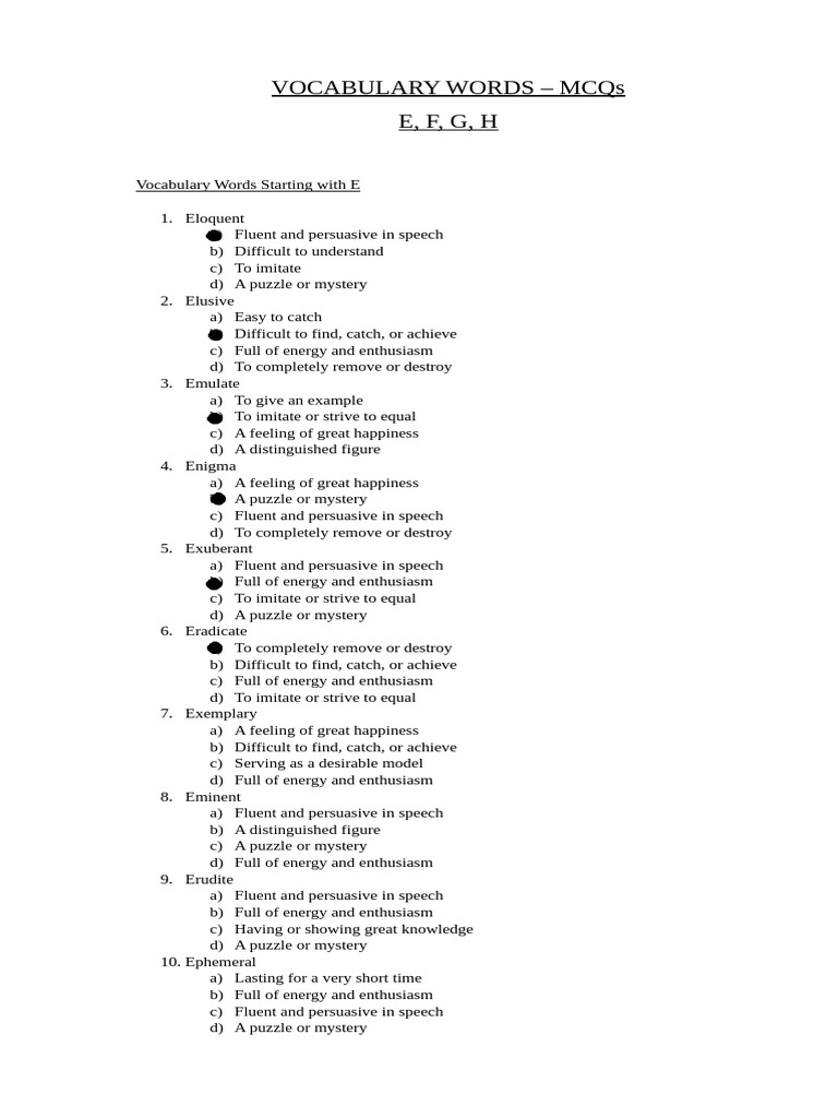 Vocabulary Words - Mcqs E, F, G, H | PDF
