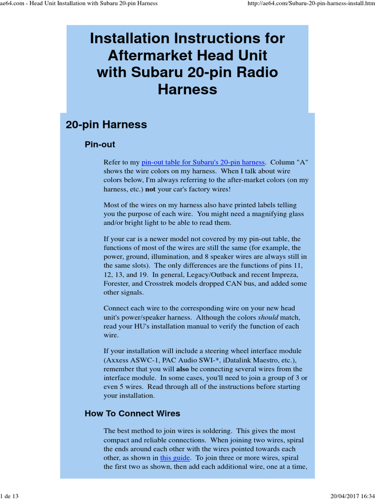 Head Unit Installation With Subaru 20-Pin Harness | PDF | Electrical ...