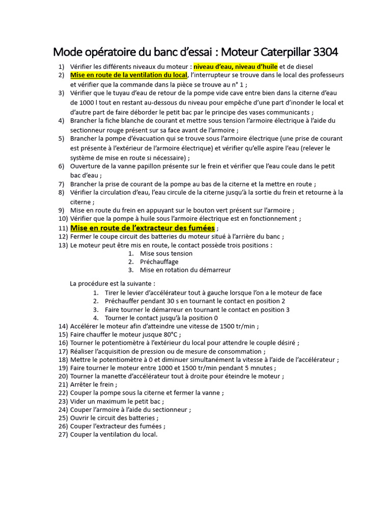 Mode Opératoire Moteur Diesel CAT 3304 | PDF