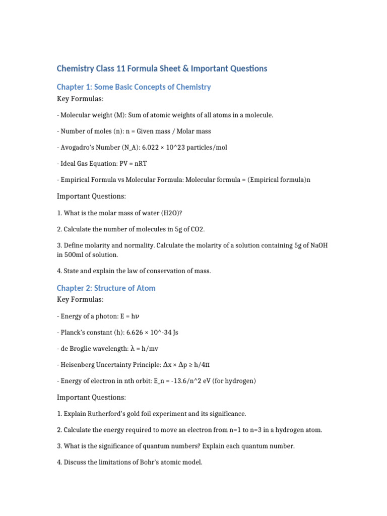 Class 11 Chemistry Formula Sheet | PDF
