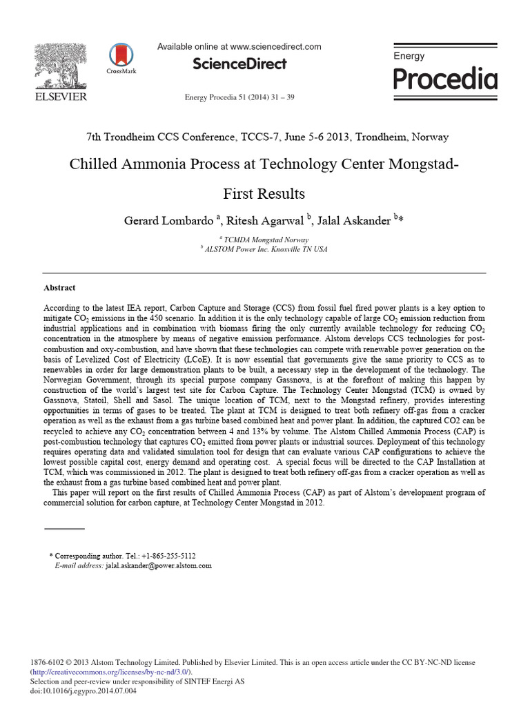 Chilled Ammonia Process at Technology Center Mongs | PDF | Carbon ...