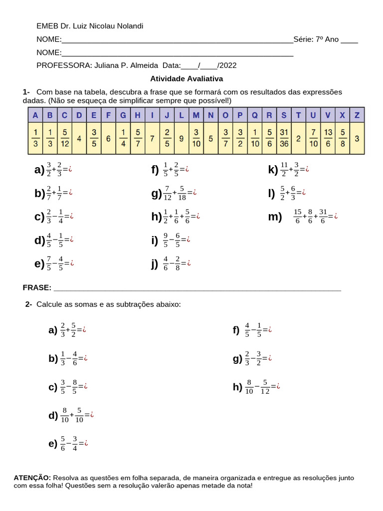 Atividade Avaliativa 7º Ano - Frações - Adição e Subtração | PDF