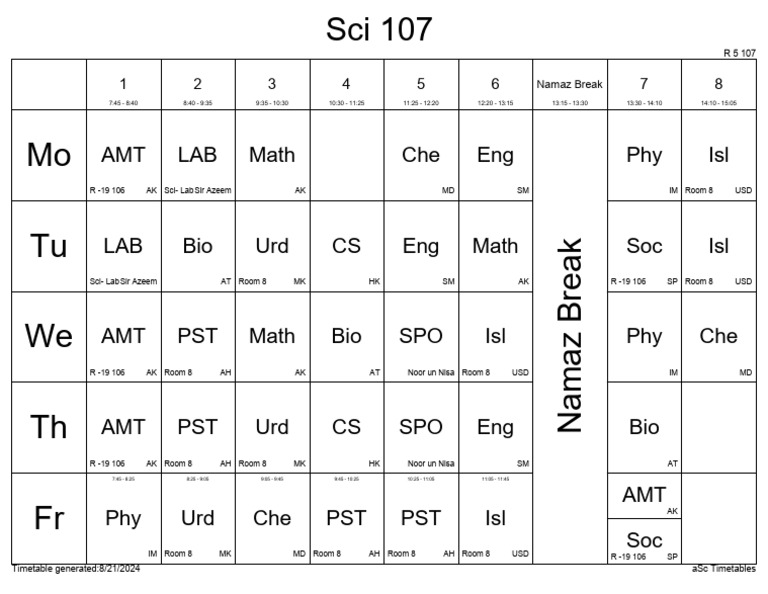 Math Che Eng LAB AMT Isl Phy: Namaz Break | PDF