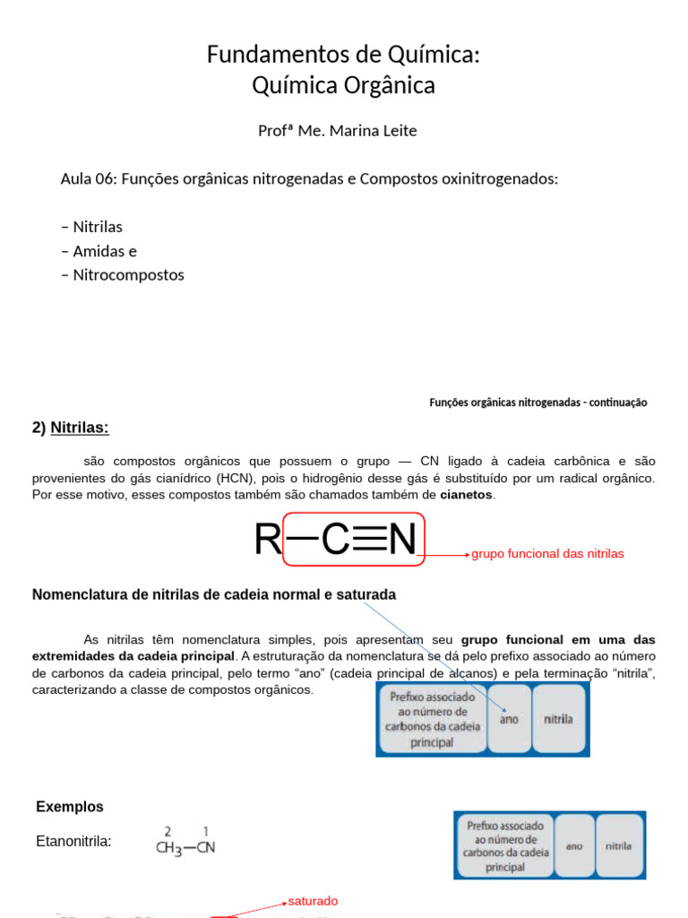 Aula 06 - Funções Nitrogenadas - Amidas Nitrila e Nitrocompostos | PDF
