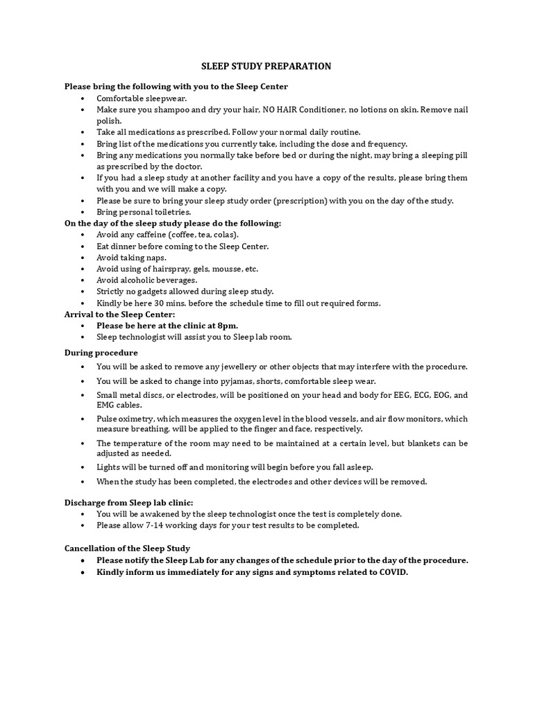 SLEEP STUDY PREPARATION (For Patient) | PDF | Sleep ...