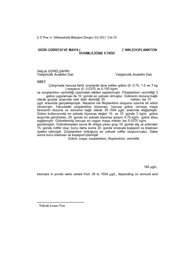 Sığır Gübresi Ve Maya Saccharomyces Cerevisiae Zooplankton Verimine ...