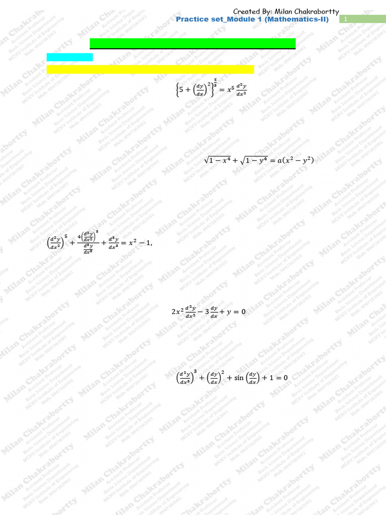 Mathematics-II Module 1 (ODE-1) Practice Set | PDF