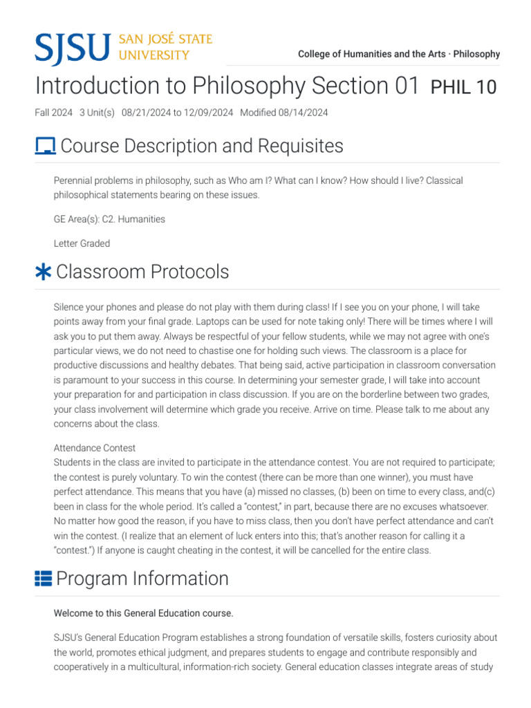 Introduction To Philosophy Section 01 - Syllabus - Concourse | PDF