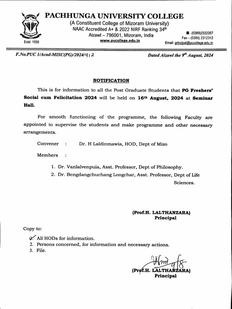 PG Fresher's Social Cum Felicitation Notification | PDF