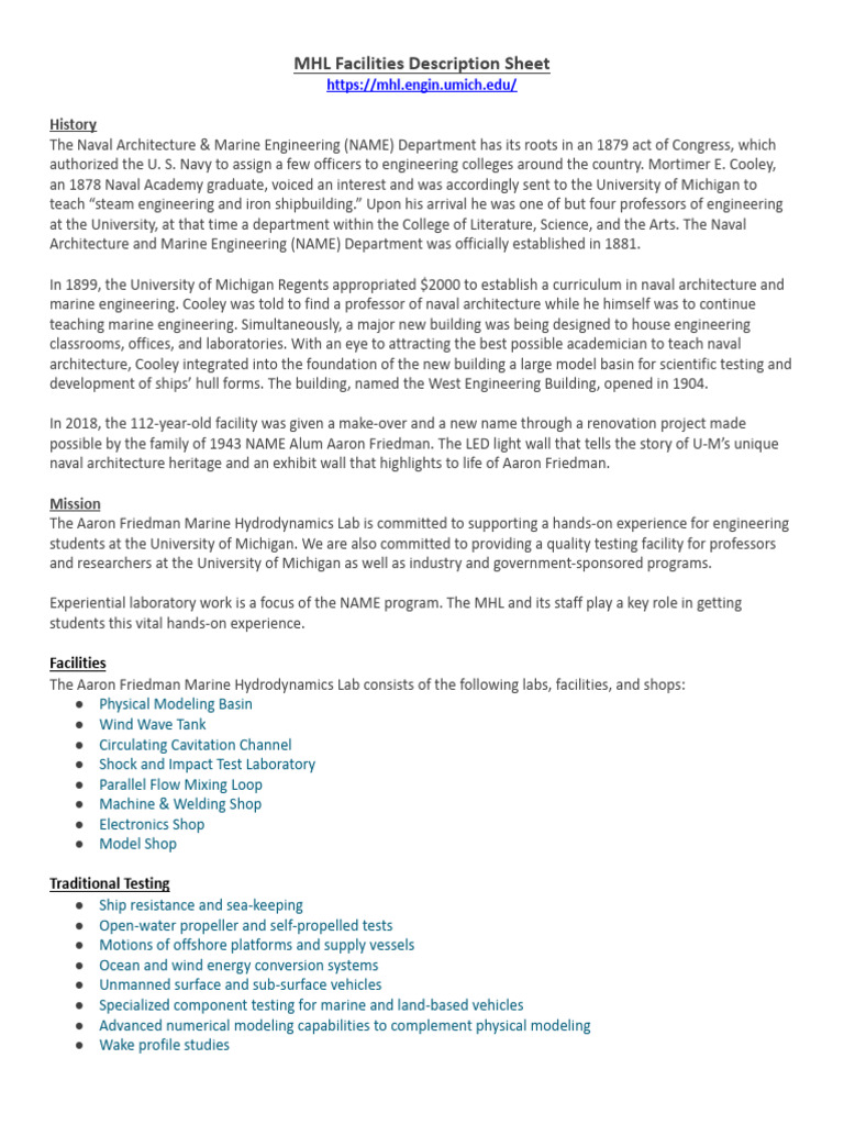 MHL Facilities Description Sheet | PDF