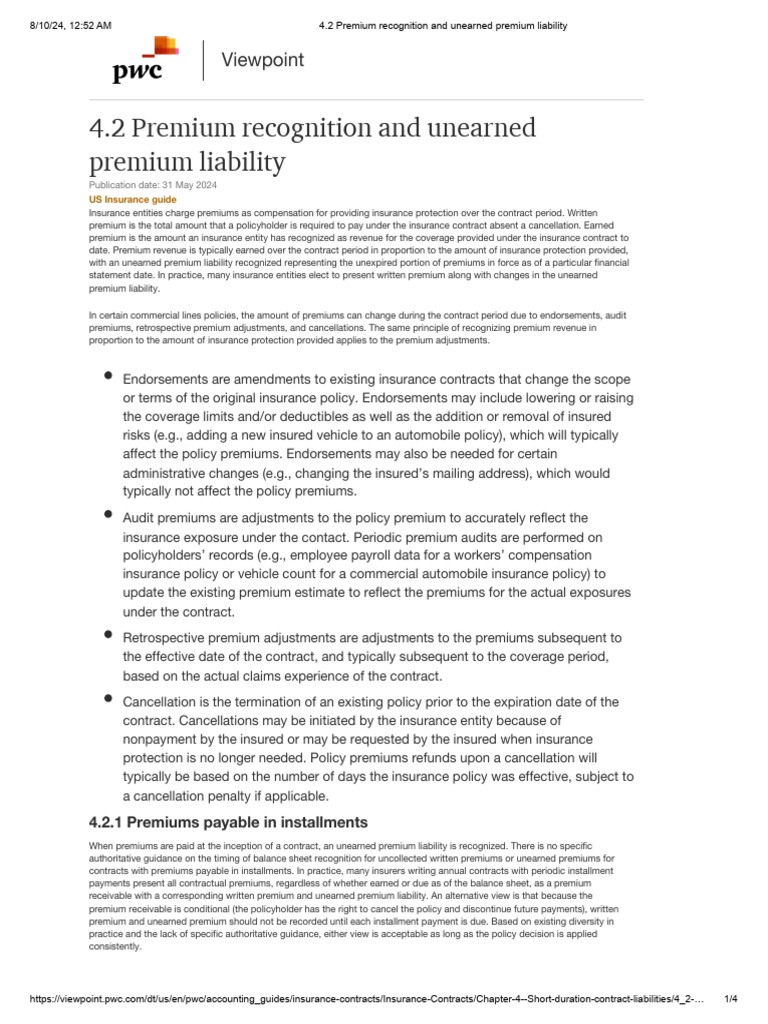 4.2 Premium Recognition and Unearned Premium Liability - AR in ...