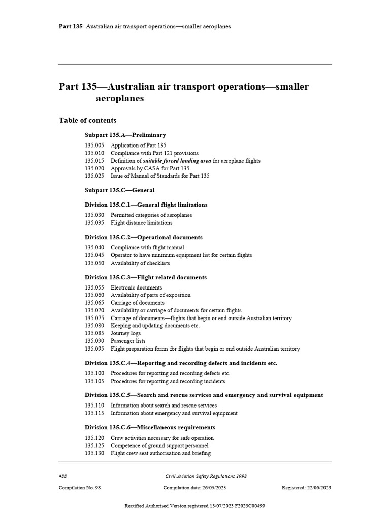 Part 135 - Australian Air Transport Operations - Smaller Aeroplanes | PDF