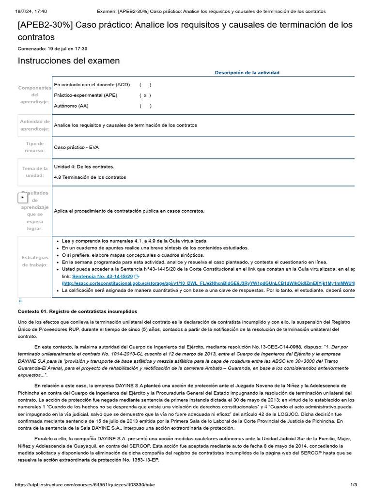 Examen - (APEB2-30%) Caso Práctico - Analice Los Requisitos y Causales de Terminación de Los ...