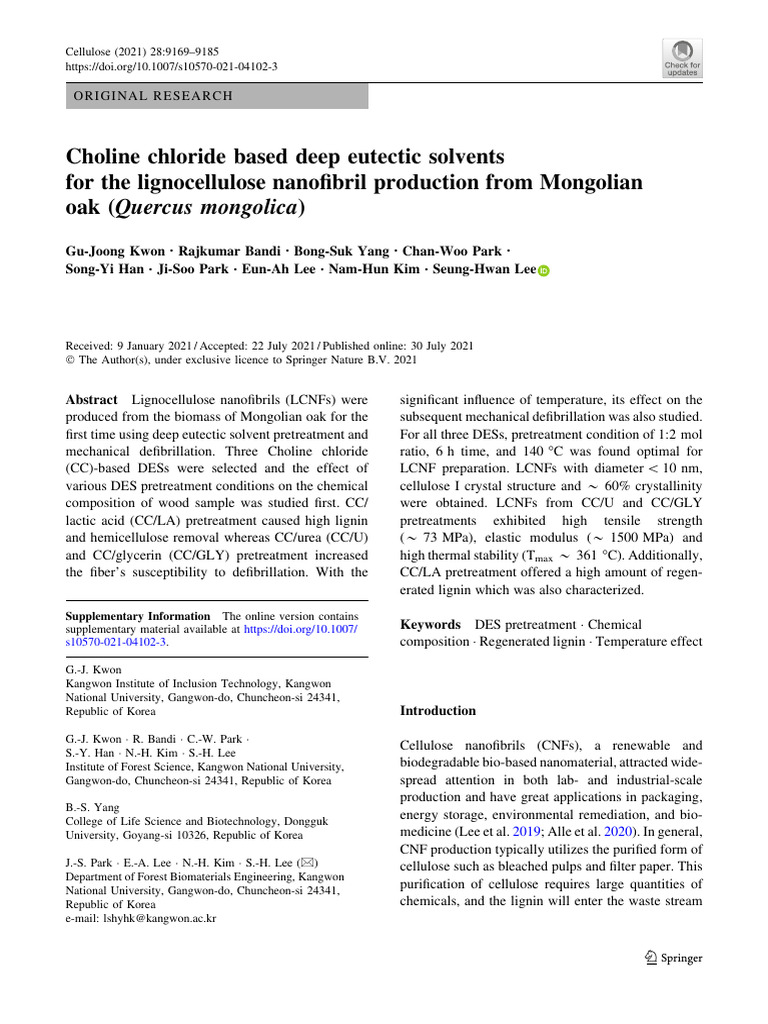 Choline Chloride Based Deep Eutectic Solvents For The Lignocellulose ...