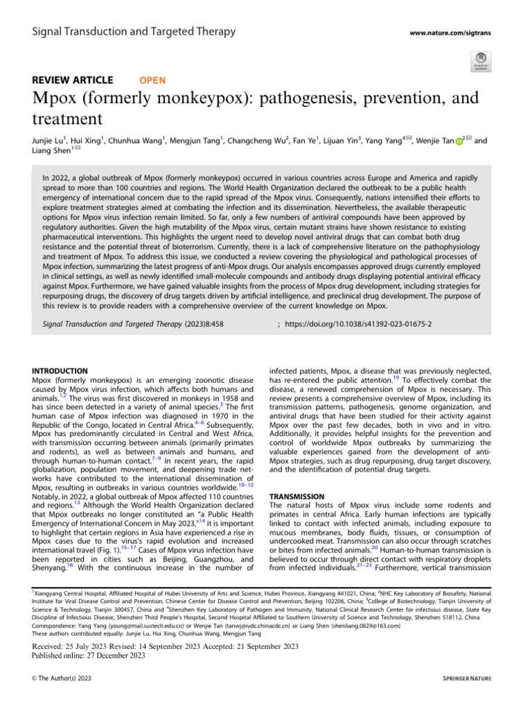 Mpox (Formerly Monkeypox) : Pathogenesis, Prevention, and Treatment | PDF