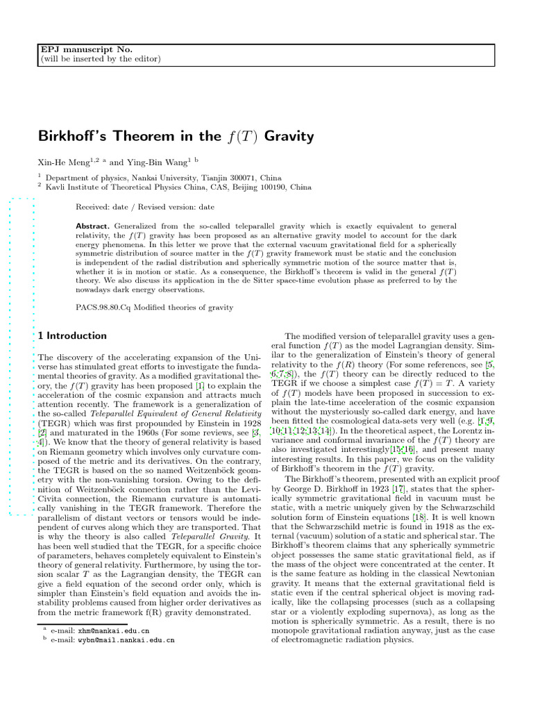 Birkhoffs Theorem In The F T Gravity Pdf
