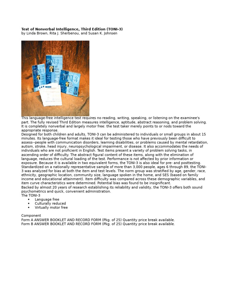 Test of NonVerbal Intelligence, Third Edition | PDF