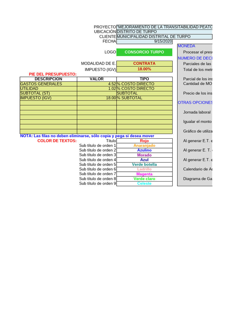 PRESUPUESTO PISTAS Y VEREDAS TURPO PROGRAMACION en RW7+ | PDF