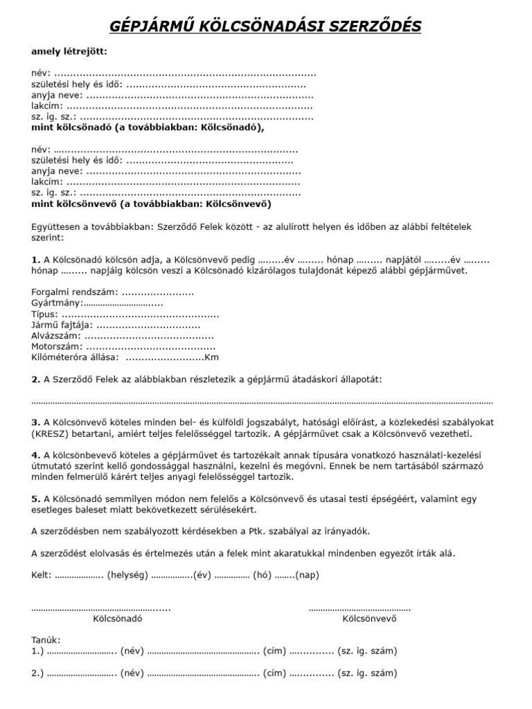Kolcsonadasi Szerzodes - Gepjarmu Magyar | PDF