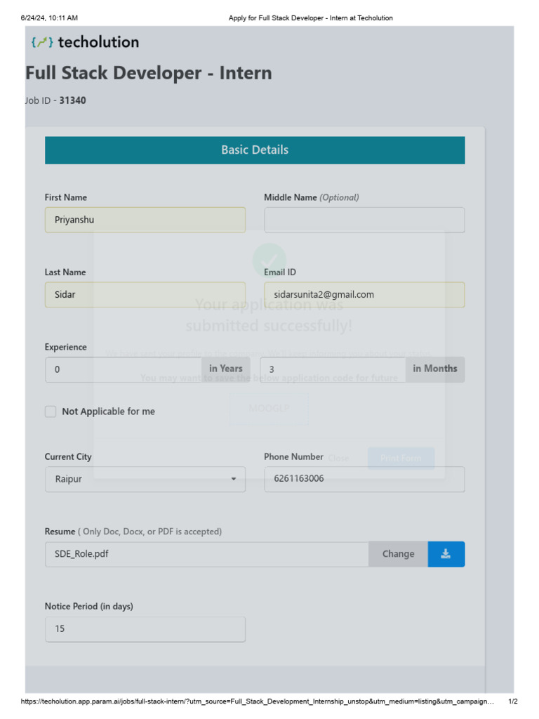 Apply For Full Stack Developer - Intern at Techolution - PDF MOOGLP | PDF