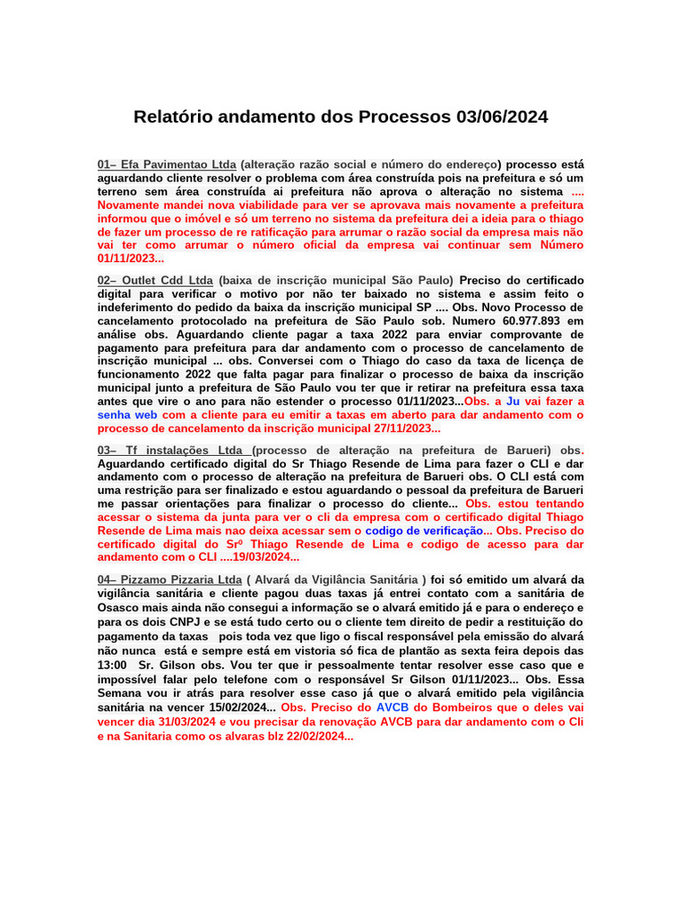 Relatorio de Andamento Dos Processos 03062024 1 | PDF | Business | Negócios