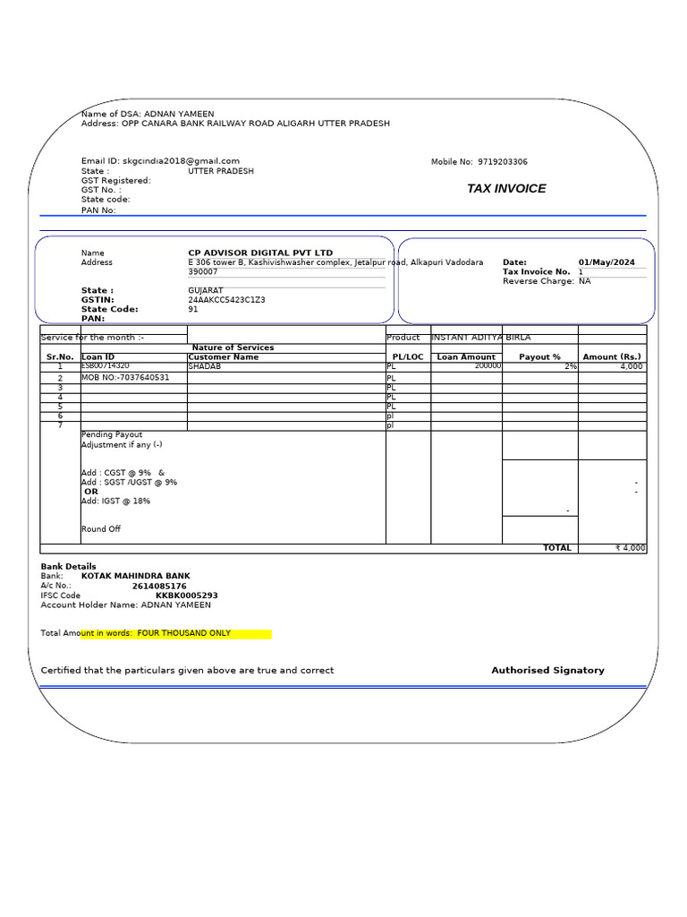 CP Advisor Invoice Format | PDF