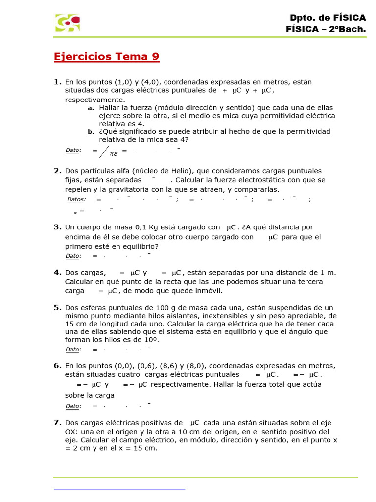 Ejercicios Del TEMA 9 - Campo Eléctrico | PDF