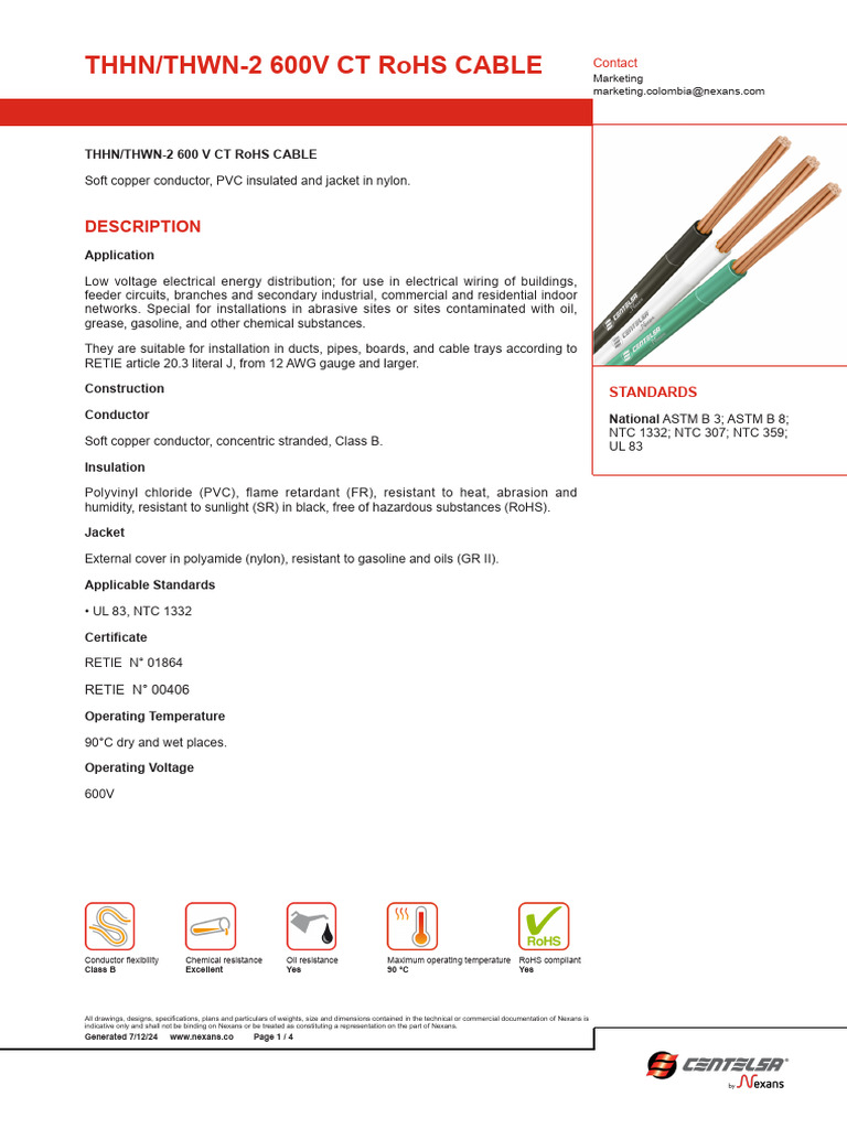 Nexans - THHN THWN 2 600V CT RoHS CABLE | PDF | Electrical Conductor ...