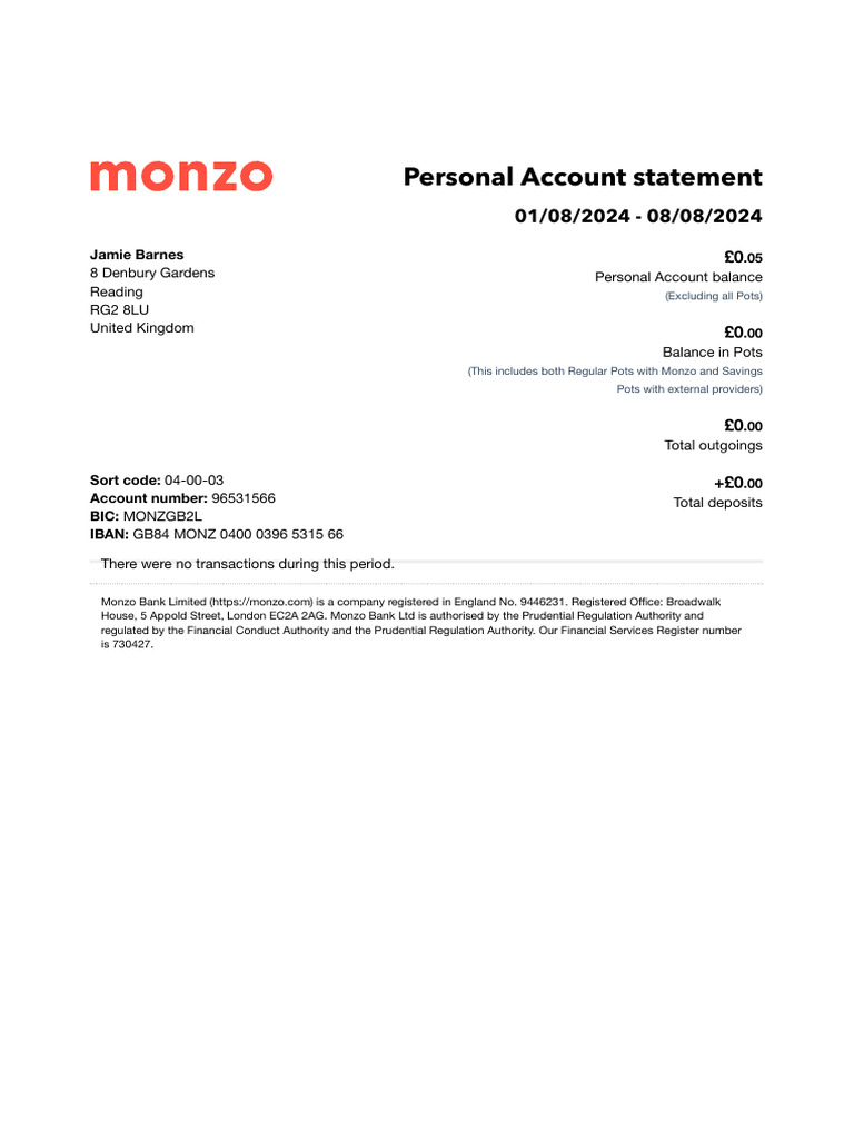 Monzo - Bank - Statement - 2024 08 01 2024 08 08 - 8831 | PDF